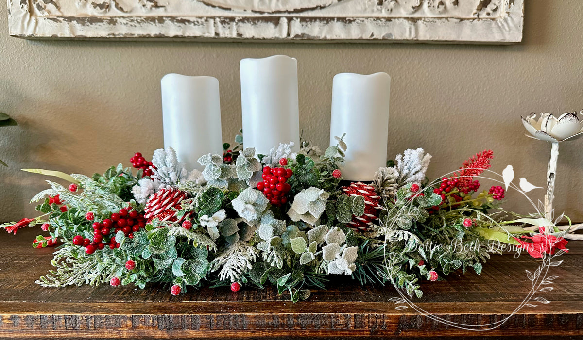 Christmas Centerpiece w/ 3 Tier Pillar Candle Holder (candles not incl ...
