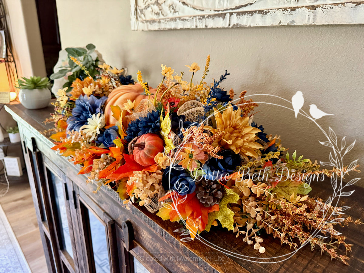 Pumpkin Fall Centerpiece with Navy, Burnt Orange & Cream Florals – 33 ...