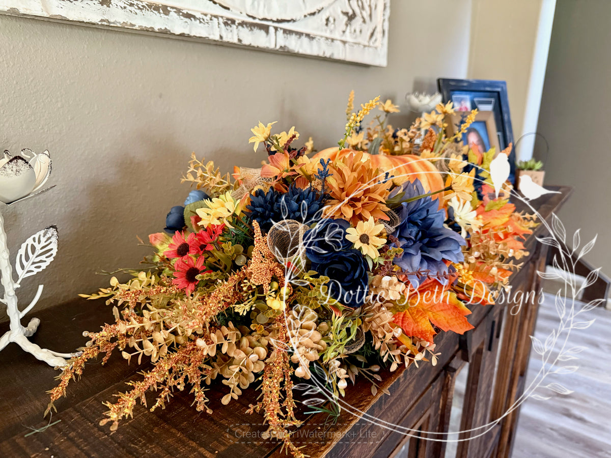 Pumpkin Fall Centerpiece with Navy, Burnt Orange & Cream Florals – 33 ...